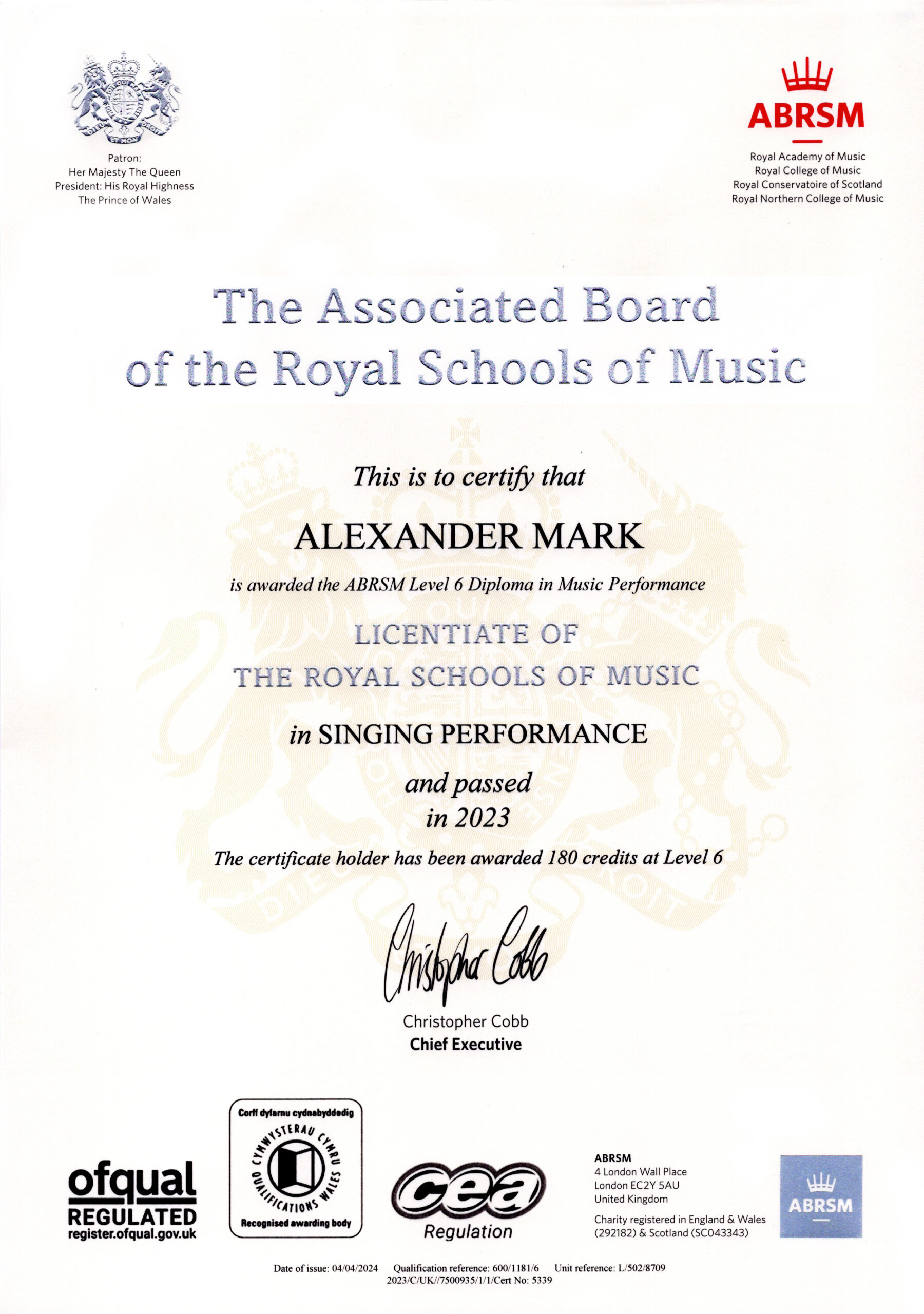 Mark awarded LRSM – Singing Award in Prison – Justice for Mark Alexander